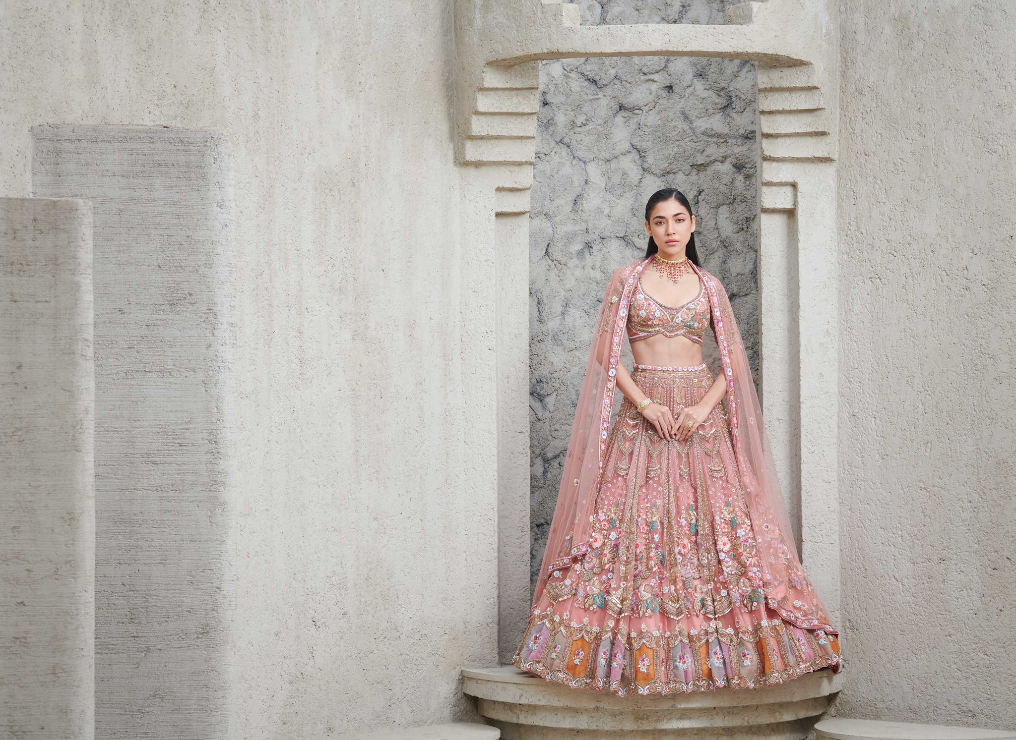 PEACH AND GOLD SHAHNAZ BRIDAL LEHENGA SET – Opus Atelier